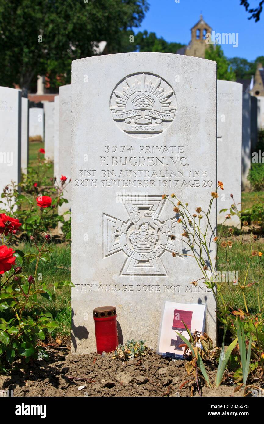 Grave of the Australian Victoria Cross recipient private Patrick Bugden (1897-1917) at Hooge ...
