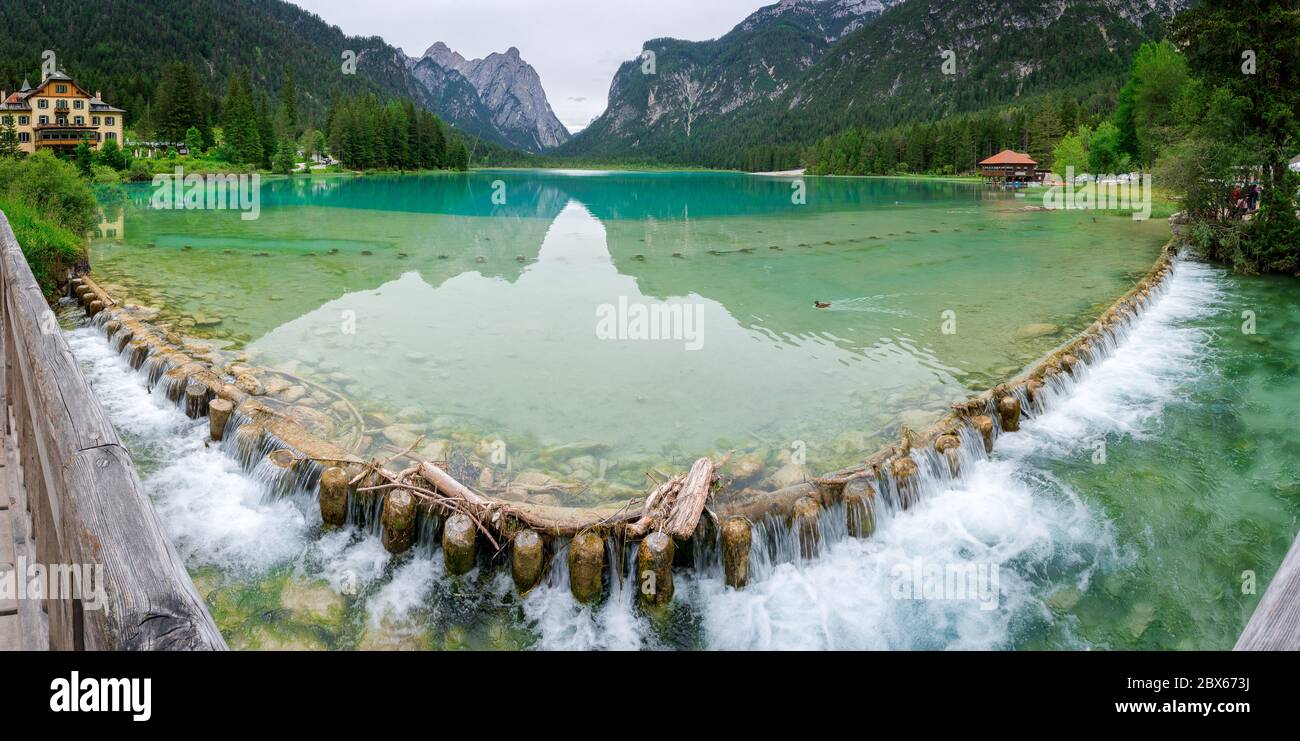 Toblacher See and view of the Drei Zinnen from Toblach in South Tyrol ...