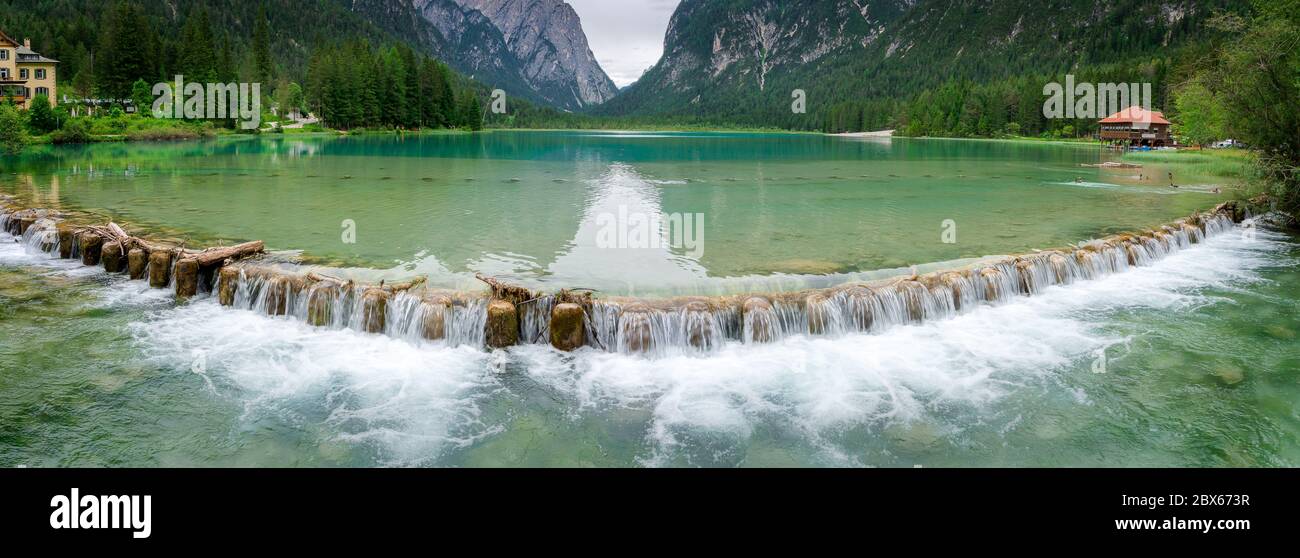 Toblacher See and view of the Drei Zinnen from Toblach in South Tyrol ...