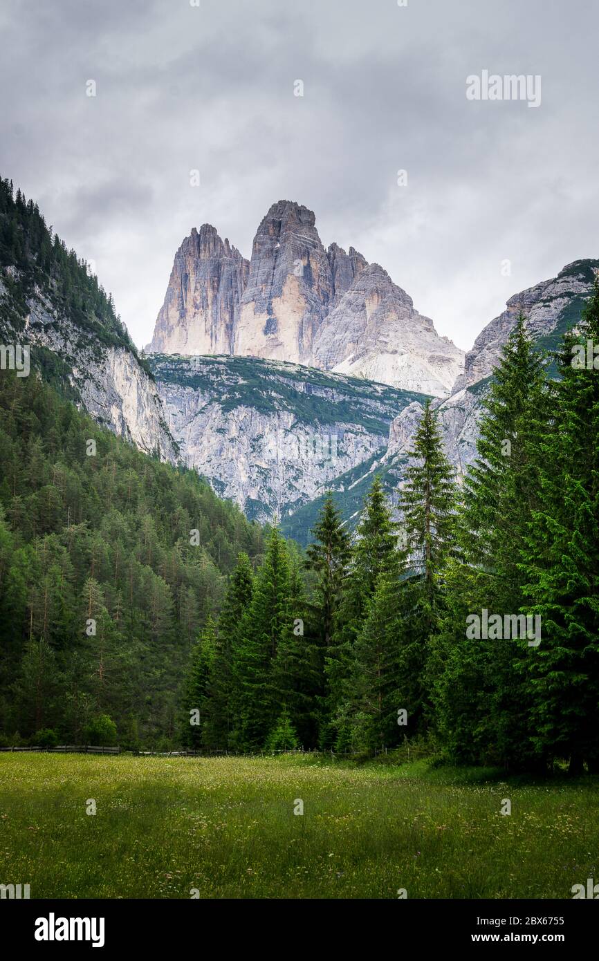 Toblacher See and view of the Drei Zinnen from Toblach in South Tyrol ...