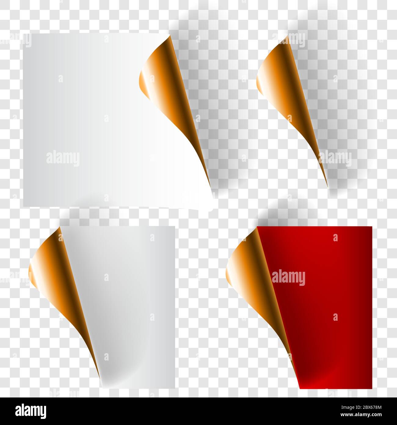 Set of realistic curled paper corners in white, red and golden colors ...