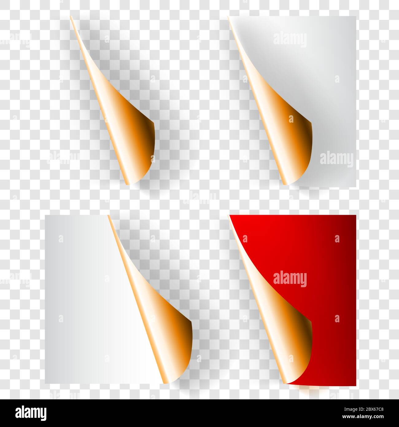 Set of realistic curled paper corners in white, red and golden colors ...