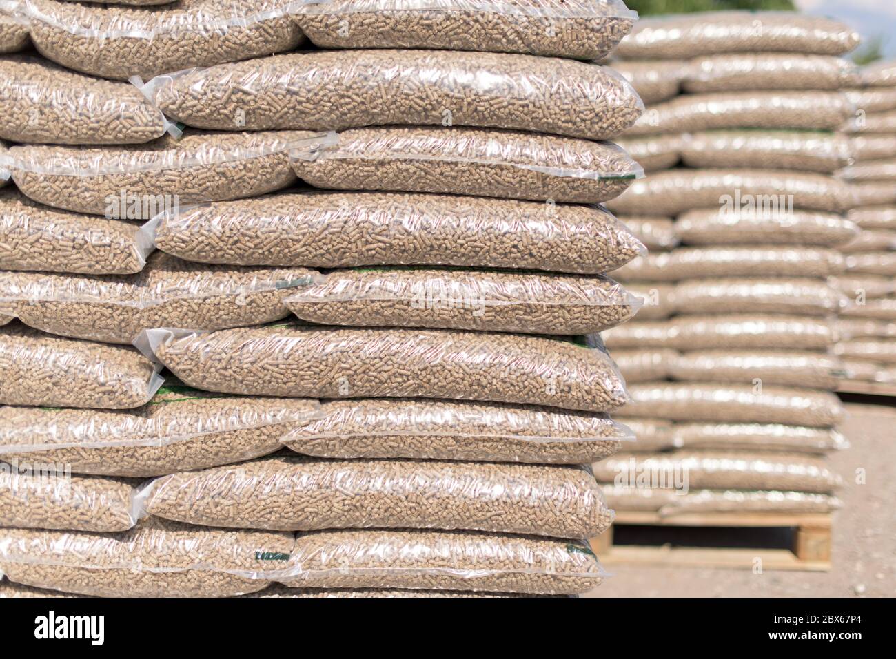 Many sacks that are filled with pellets placed on pallets Stock Photo ...