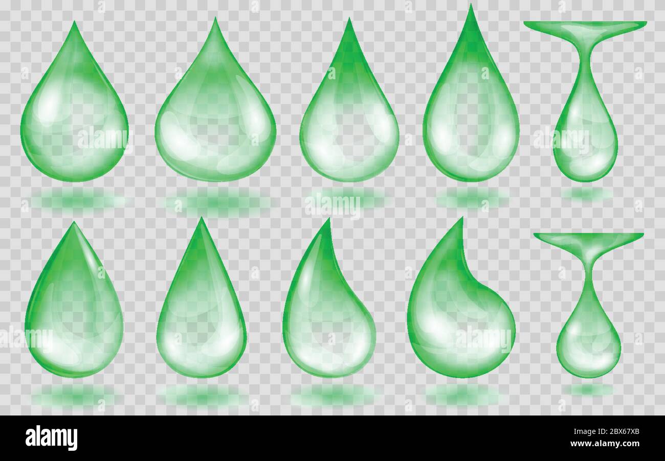Set of translucent water drops in green colors in various shapes ...