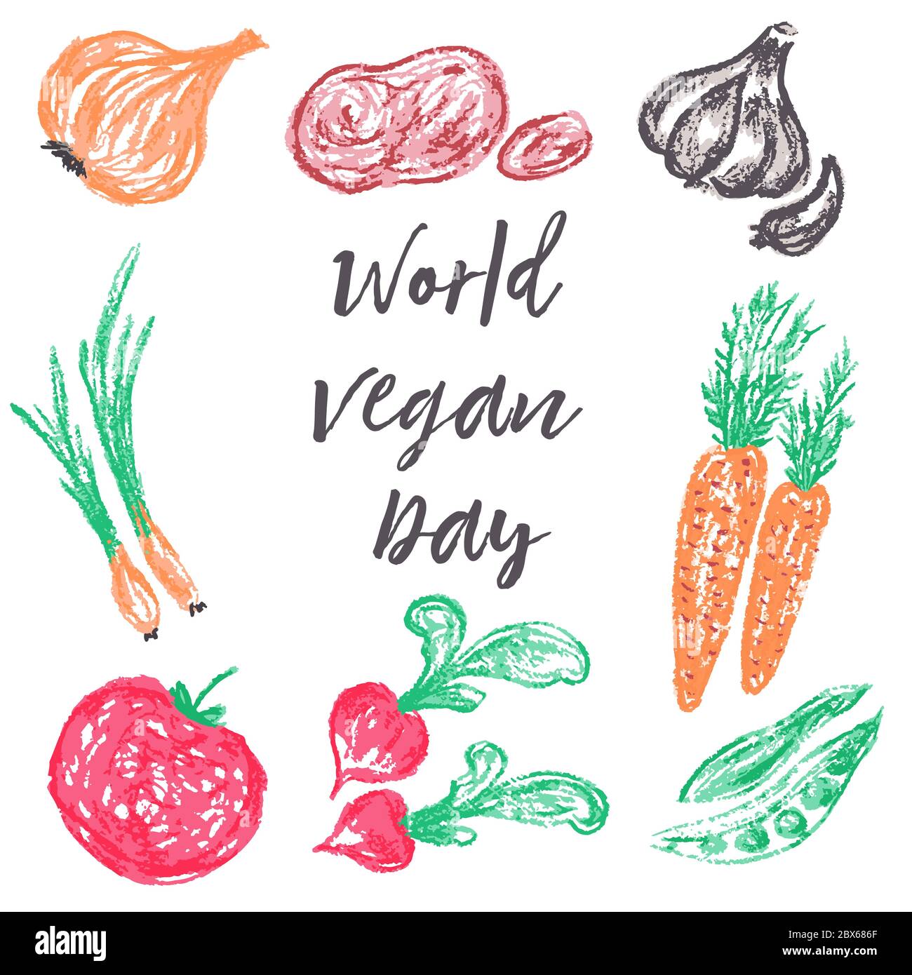 Children's drawing wax crayons. World Vegan Day. Onions, potatoes ...