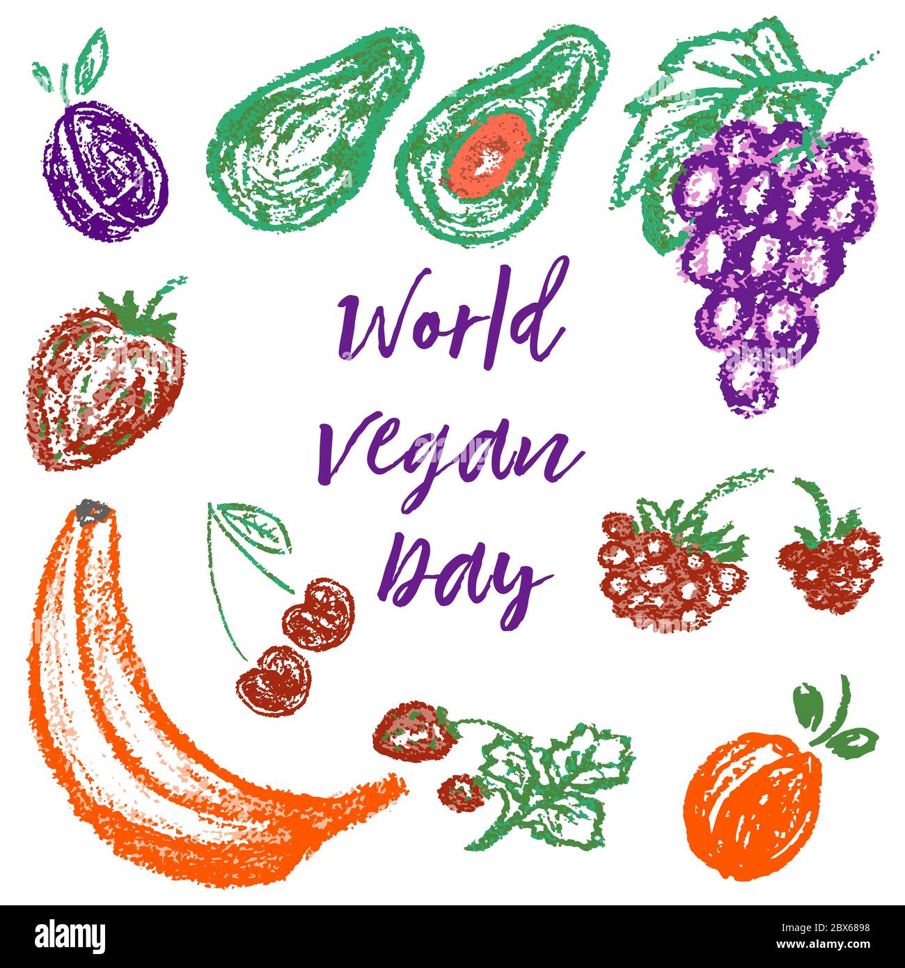 Children's drawing colored crayons. World Vegan Day. Plum, avocado ...