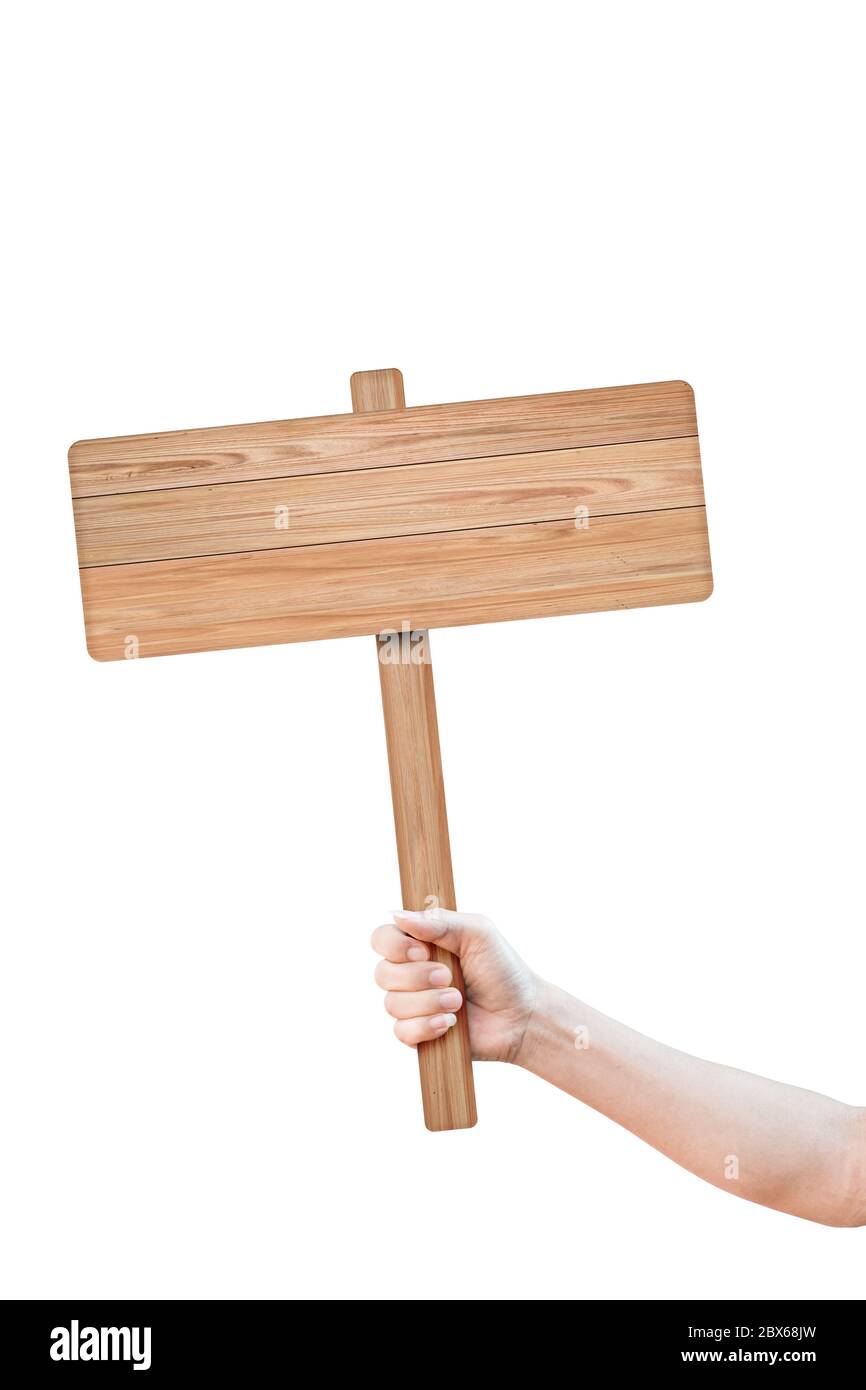 Hand Holding Wooden Sign Isolated On White Background With Clipping