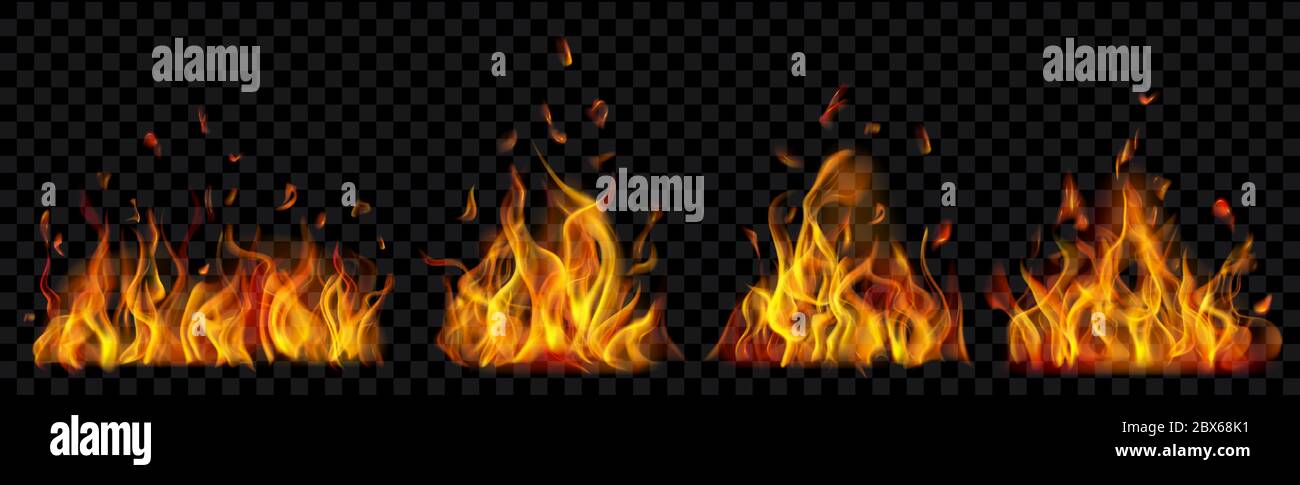 Set of translucent burning campfires of flames and sparks on ...