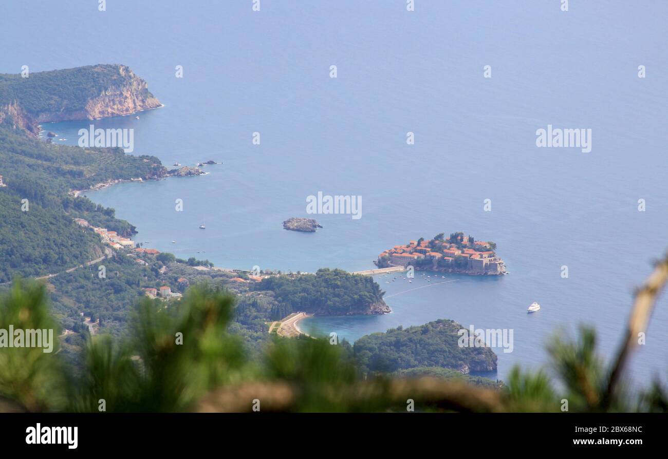 Sveti Stefan island in Adriatic Sea, seen from above. Saint Stephen ...
