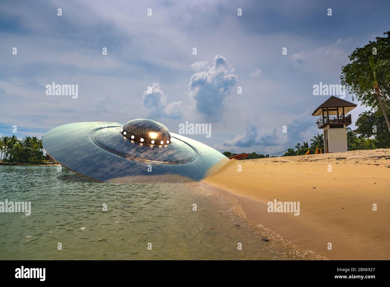 An on approach crashed UFO on a tropical beach Stock Photo - Alamy