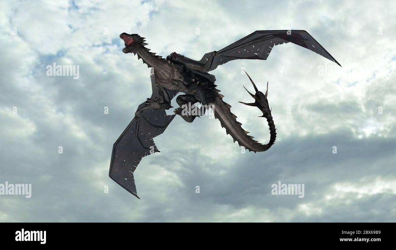 dragon in flight - blue sky background Stock Photo - Alamy