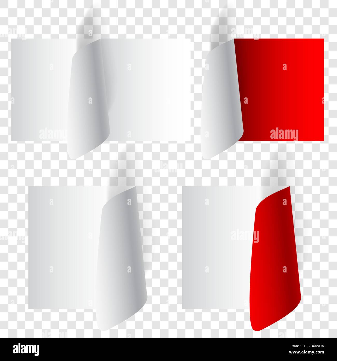 Set of realistic curled paper corners in white and red colors with ...