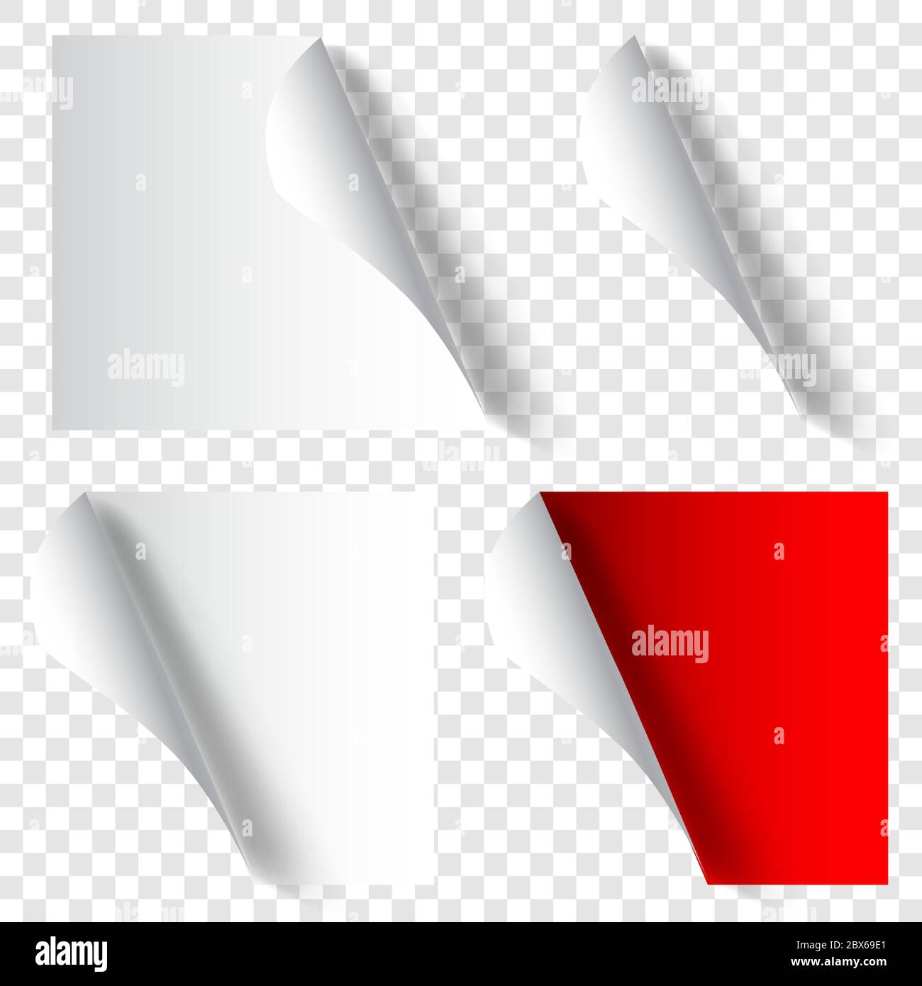 Set of realistic curled paper corners in white and red colors with ...