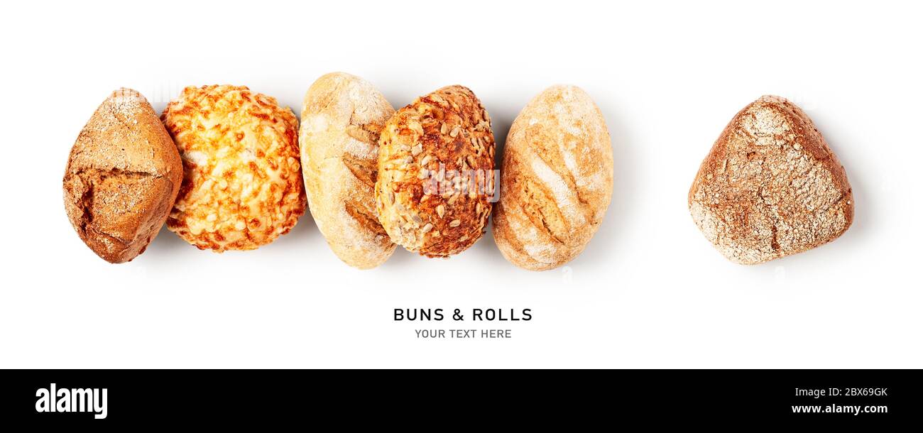 Buns and rolls assortment creative composition and layout isolated on ...