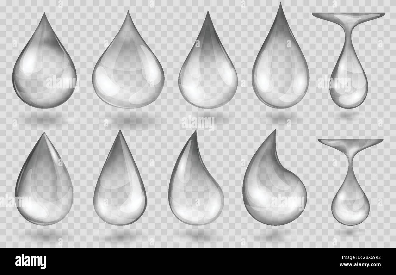 Set of translucent water drops in gray colors in various shapes ...
