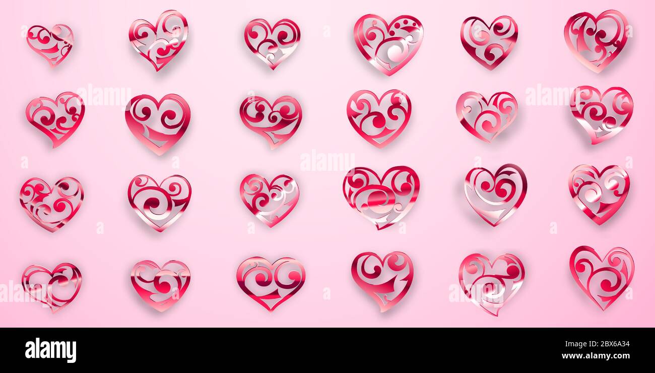 Set of shiny red heart symbols with curls, glares and shadows on pink ...