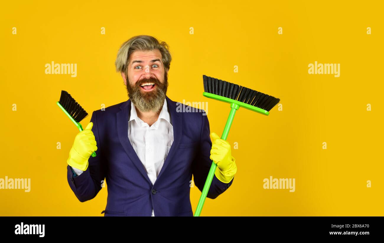 Clear reputation. Household duties. Cleaning service concept. Bearded ...