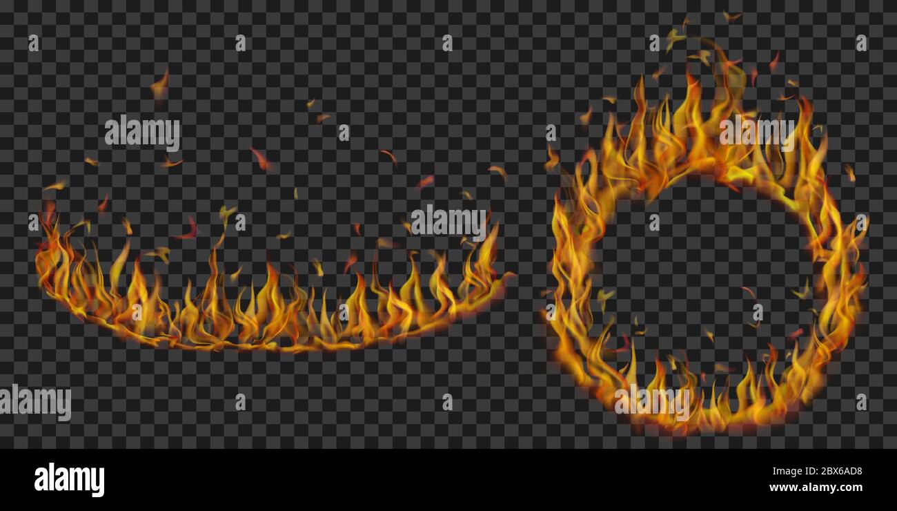 Set of translucent fire flames in the shape of an arc and a circle on ...