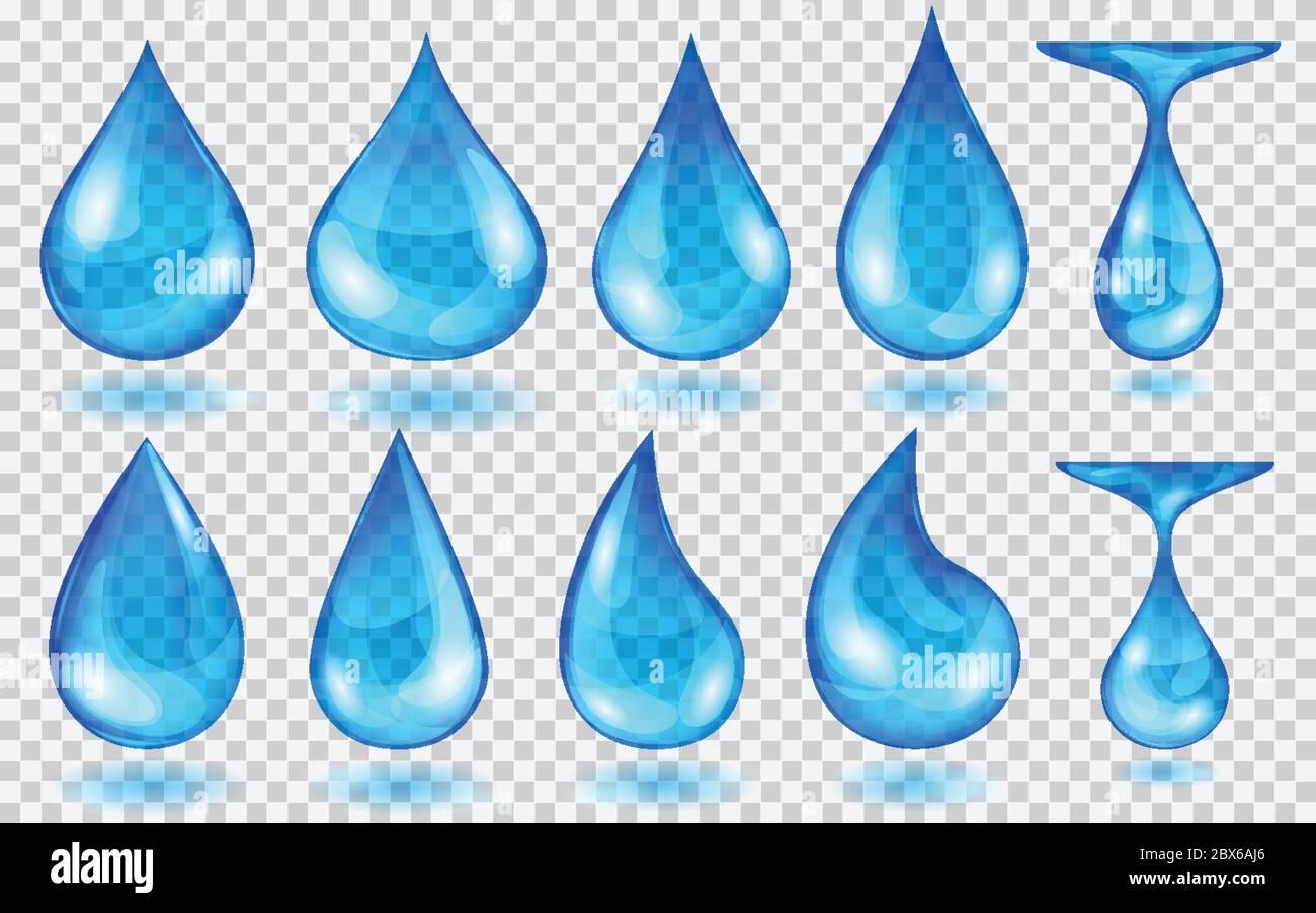 Set of translucent water drops in blue colors in various shapes ...