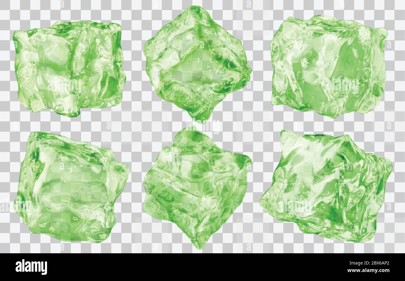 Set of six realistic translucent ice cubes in green color isolated on transparent background ...