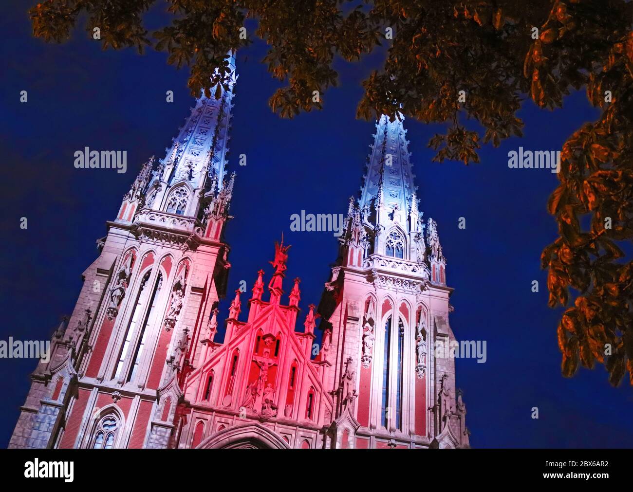 Top view of St. Nicholas Roman Catholic Cathedral at night, Kyiv ...