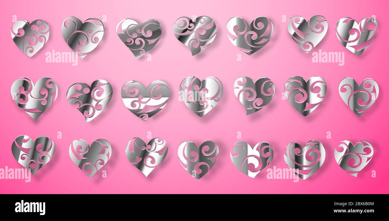 Set of shiny silver heart symbols with curls, glares and shadows on ...