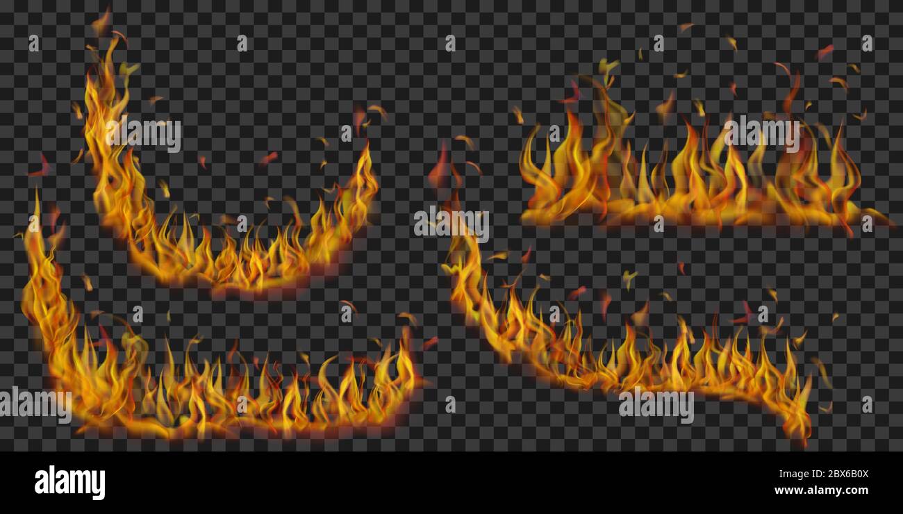 Set of translucent fire flames of various shapes on transparent ...