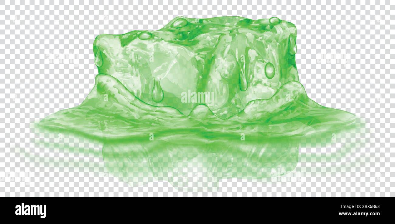 One big realistic translucent ice cube in green color half submerged in ...