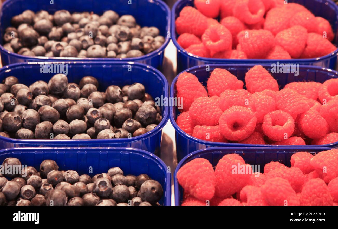 Blueberry and raspberry boxes in market. Fresh forest fruit for sale ...