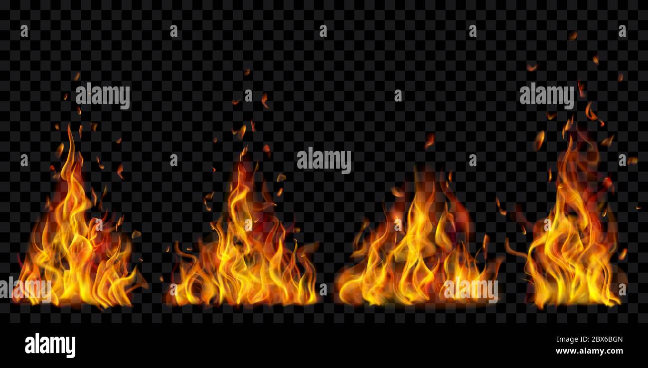 Set of translucent burning campfires of flames and sparks on ...
