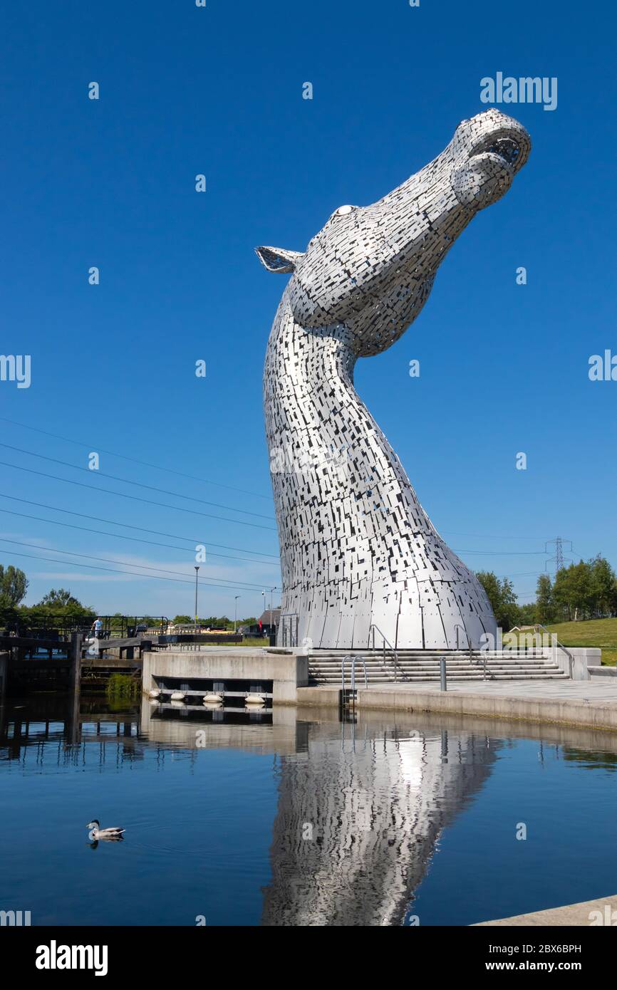 One of The Kelpies against a clear blue sky, The Helix, Falkirk ...
