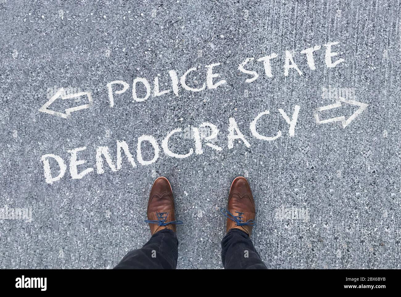 Top view on a man standing in front of the words "Police State" and ...