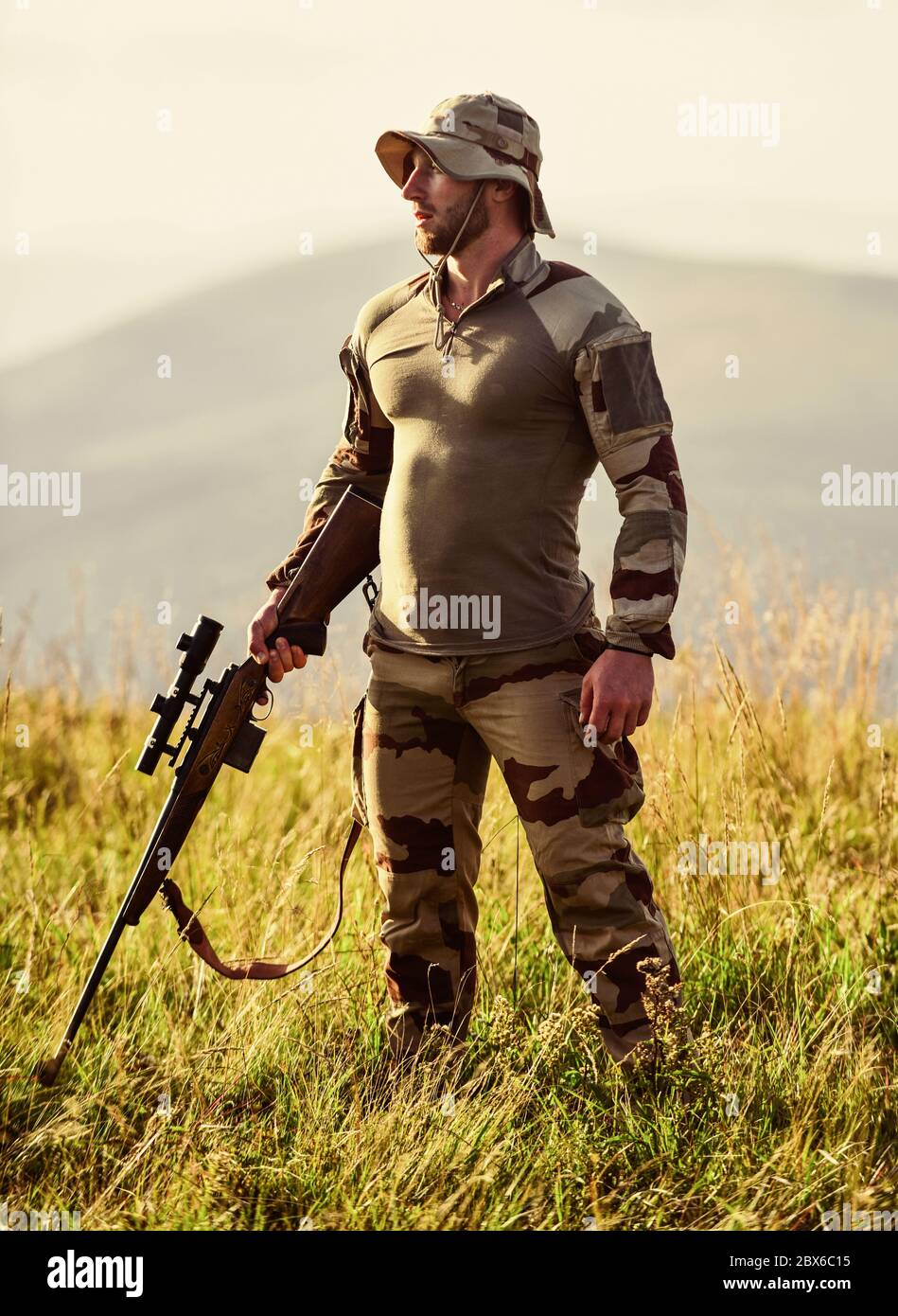 Poacher. war time. soldier in service. weapon shop concept. weapon ...