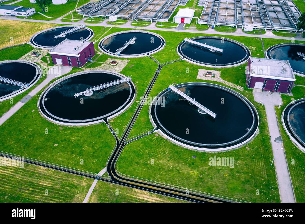 Sewage Farm Aerial View. Clarifying tanks and green grass. Top view of ...