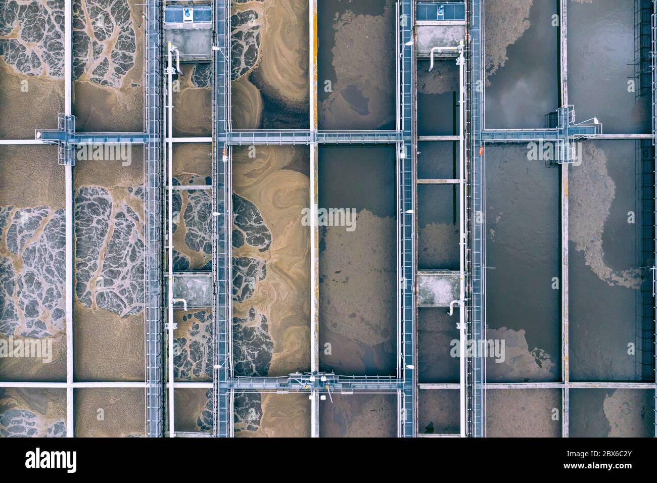 Sewage Farm Aerial View. Clarifying tanks and green grass. Top view of ...