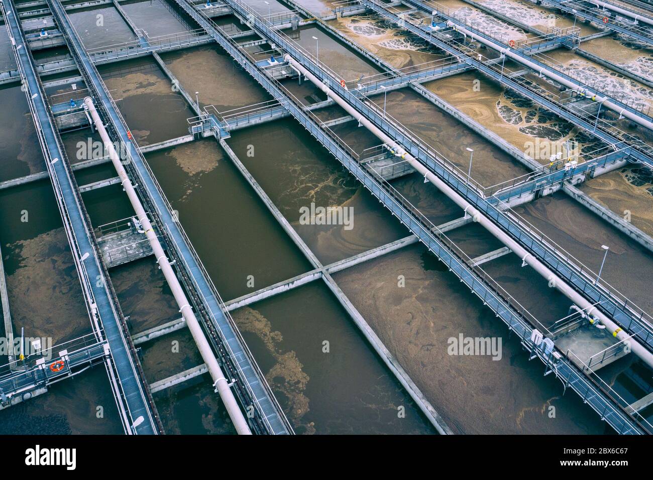 Sewage Farm Aerial View. Clarifying tanks and green grass. Top view of ...