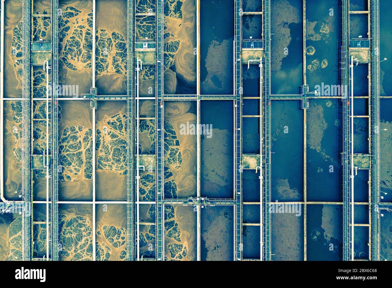 Sewage Farm Aerial View. Clarifying tanks and green grass. Top view of ...
