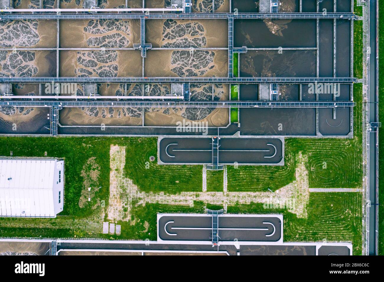 Sewage Farm Aerial View. Clarifying tanks and green grass. Top view of ...