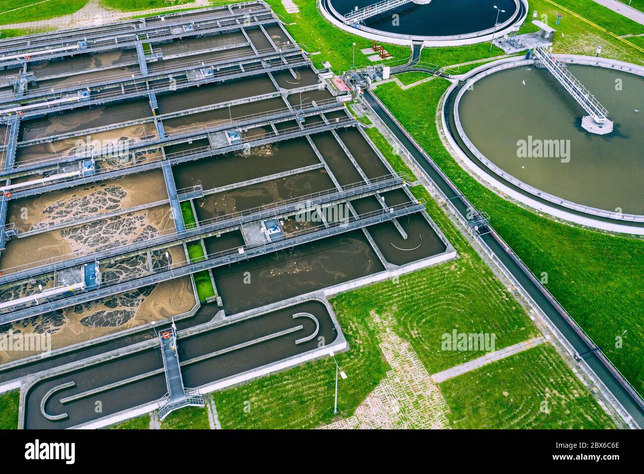 Sewage Farm Aerial View. Clarifying tanks and green grass. Top view of ...