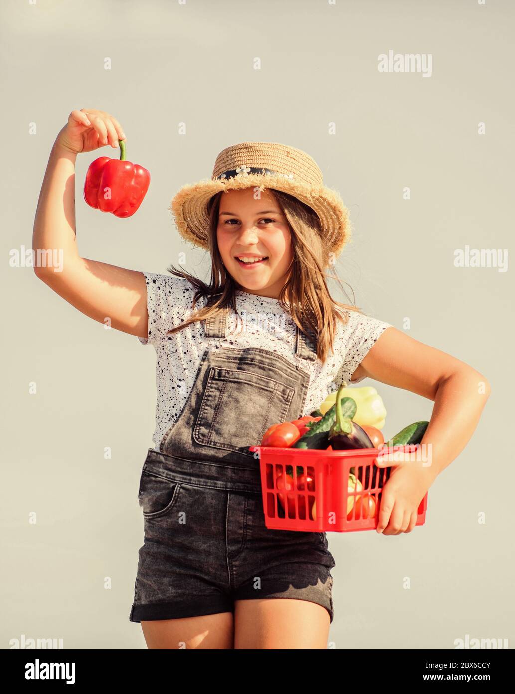 Harvest season. Girl adorable child farming. Kid work at farm. Child ...