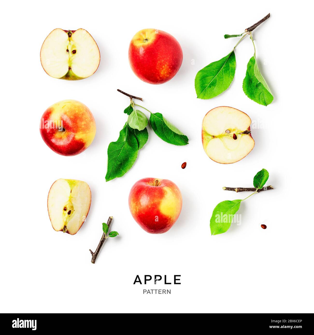 Apple fruits and green leaves collection and creative pattern isolated ...