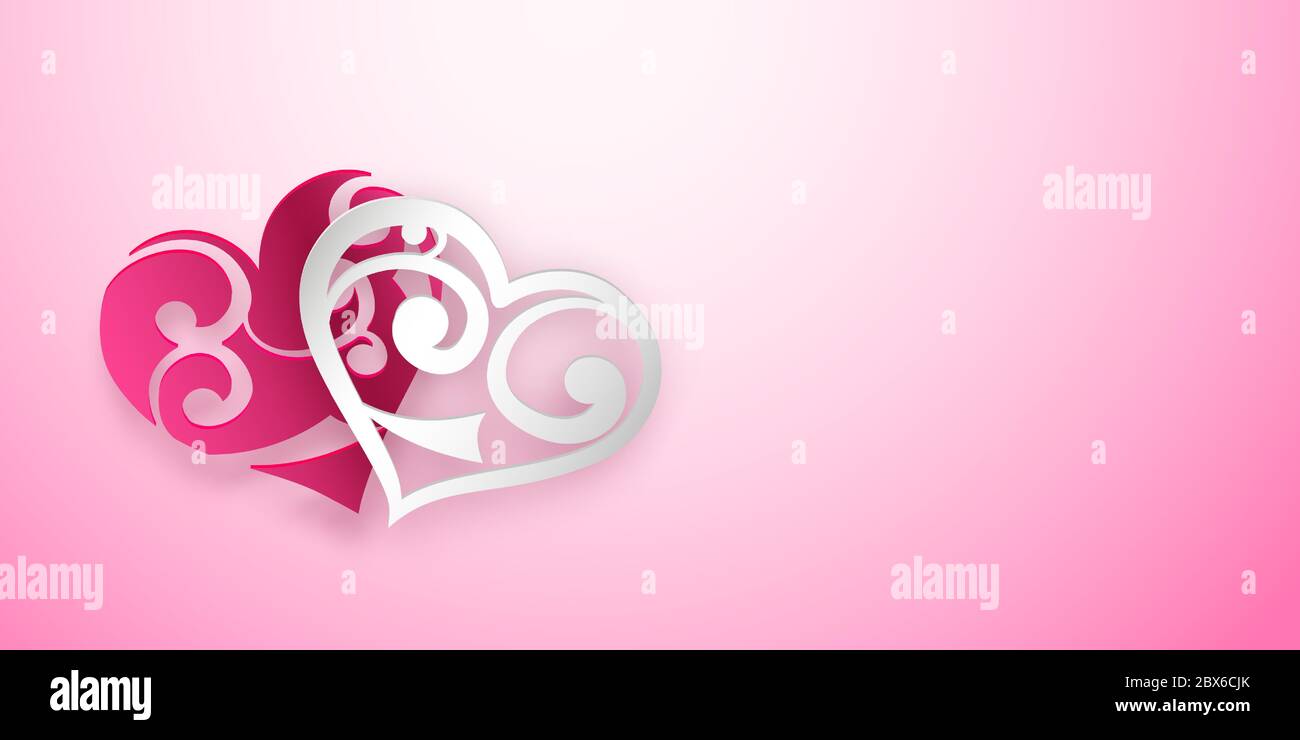 Valentine's day card with red and white hearts with curls and shadows ...