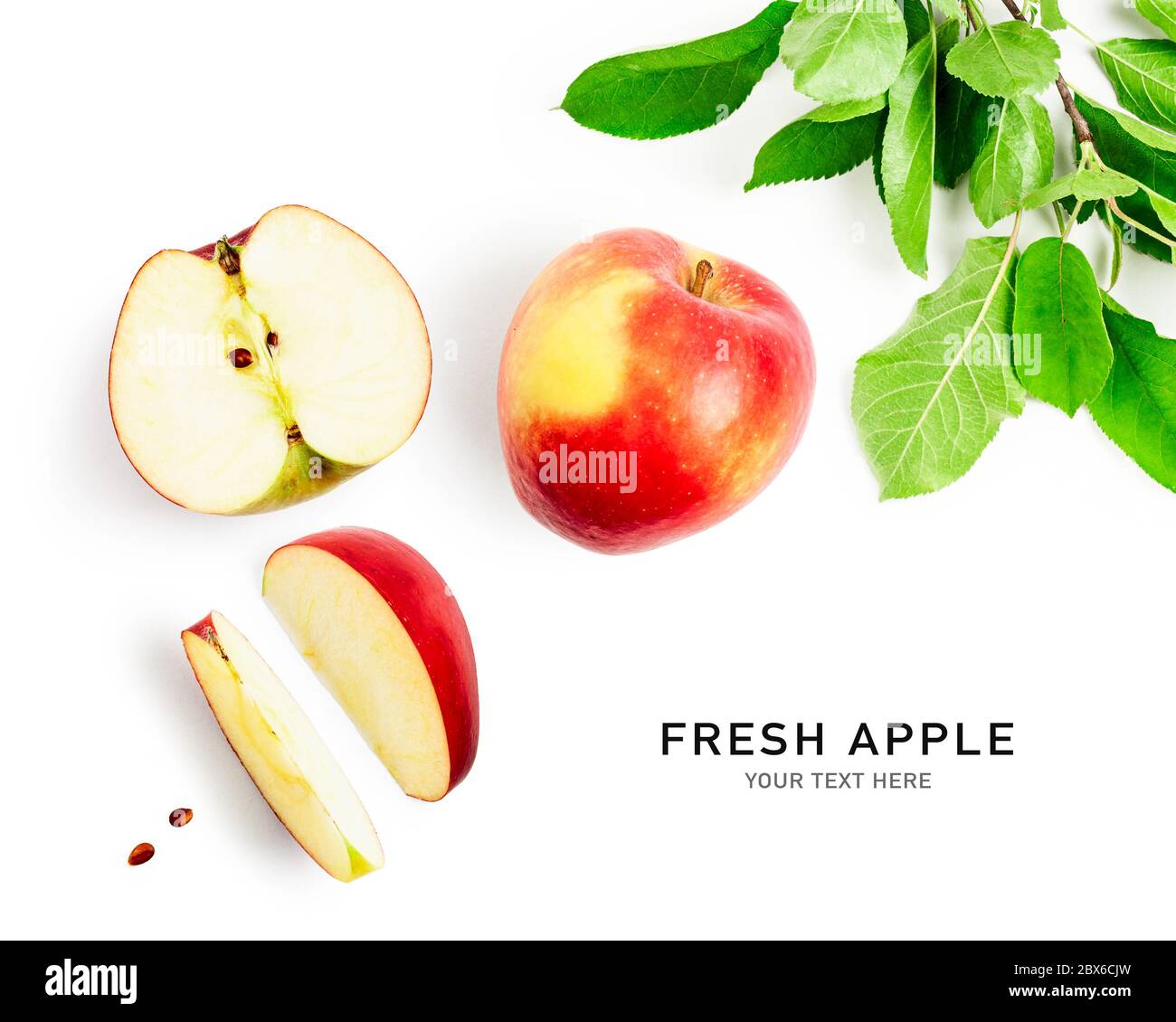 Fresh apple with green leaves as creative layout isolated on white ...