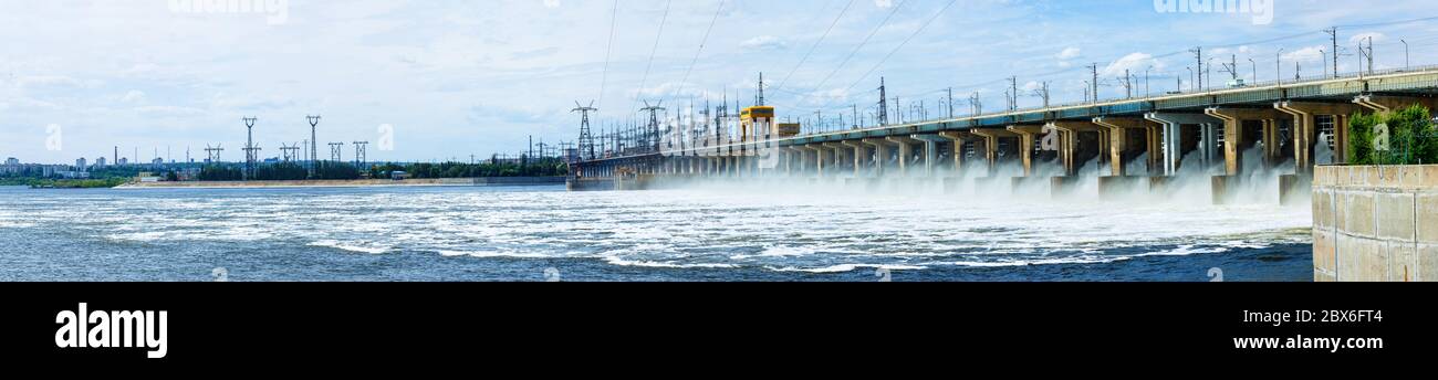 Hydroelectric power station. Water dumping. Volgograd, Volga river ...