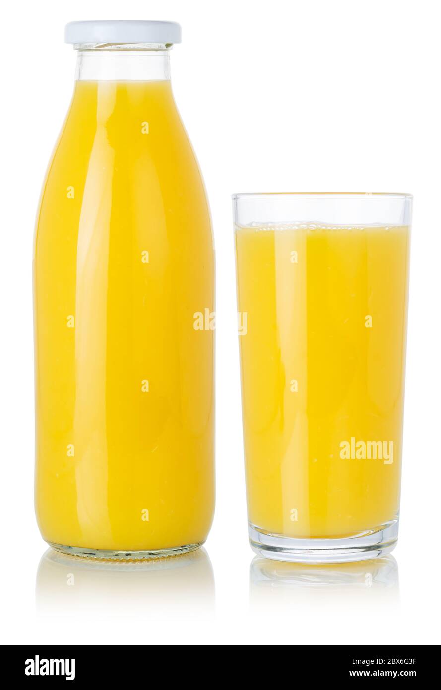 Orange fruit juice smoothie drink in a bottle and glass isolated on a ...