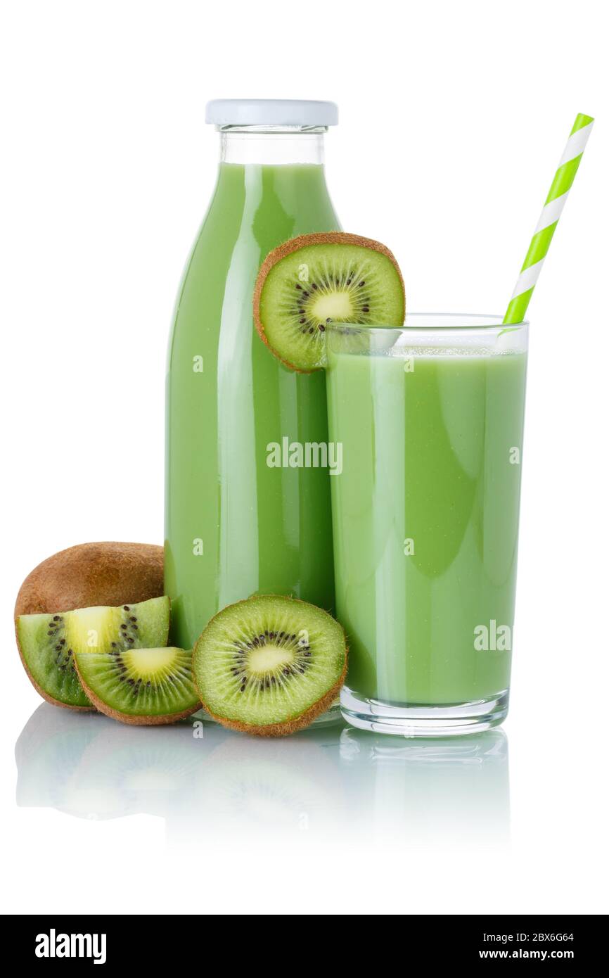 Kiwi Green Smoothie Fruit Juice Drink Kiwis Glass And Bottle Isolated