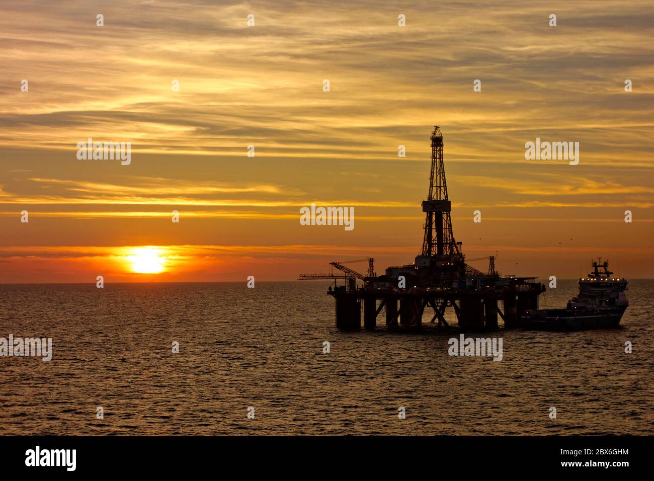 Semi-submersible drilling rig Sedco 704 see at sunset in the UK sector ...