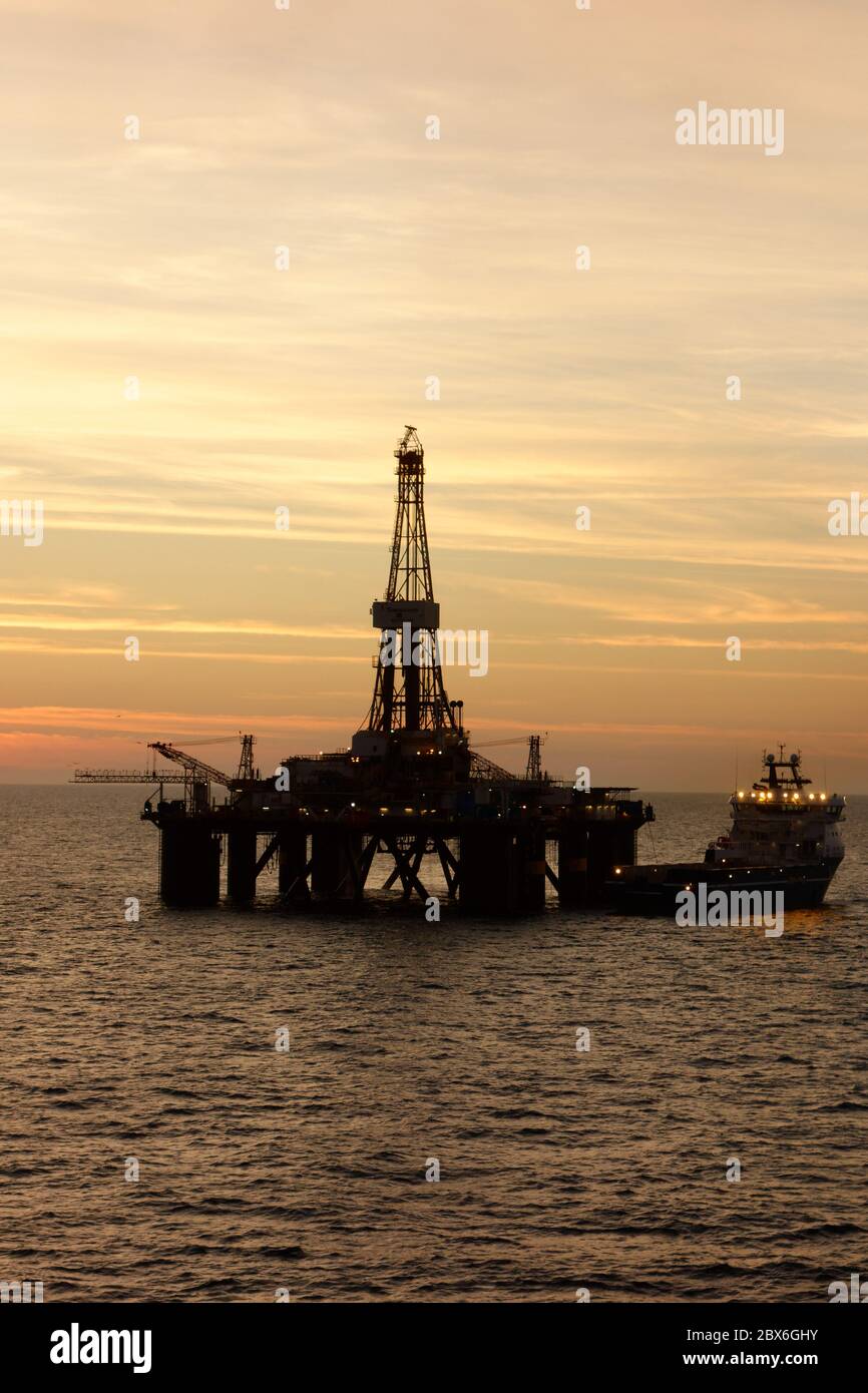 Semi-submersible drilling rig Sedco 704 see at sunset in the UK sector ...