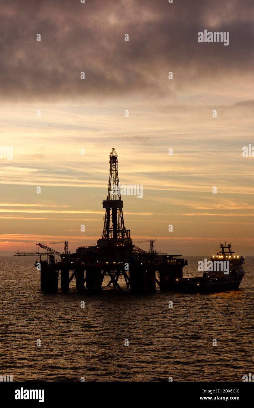 Semi-submersible drilling rig Sedco 704 see at sunset in the UK sector ...