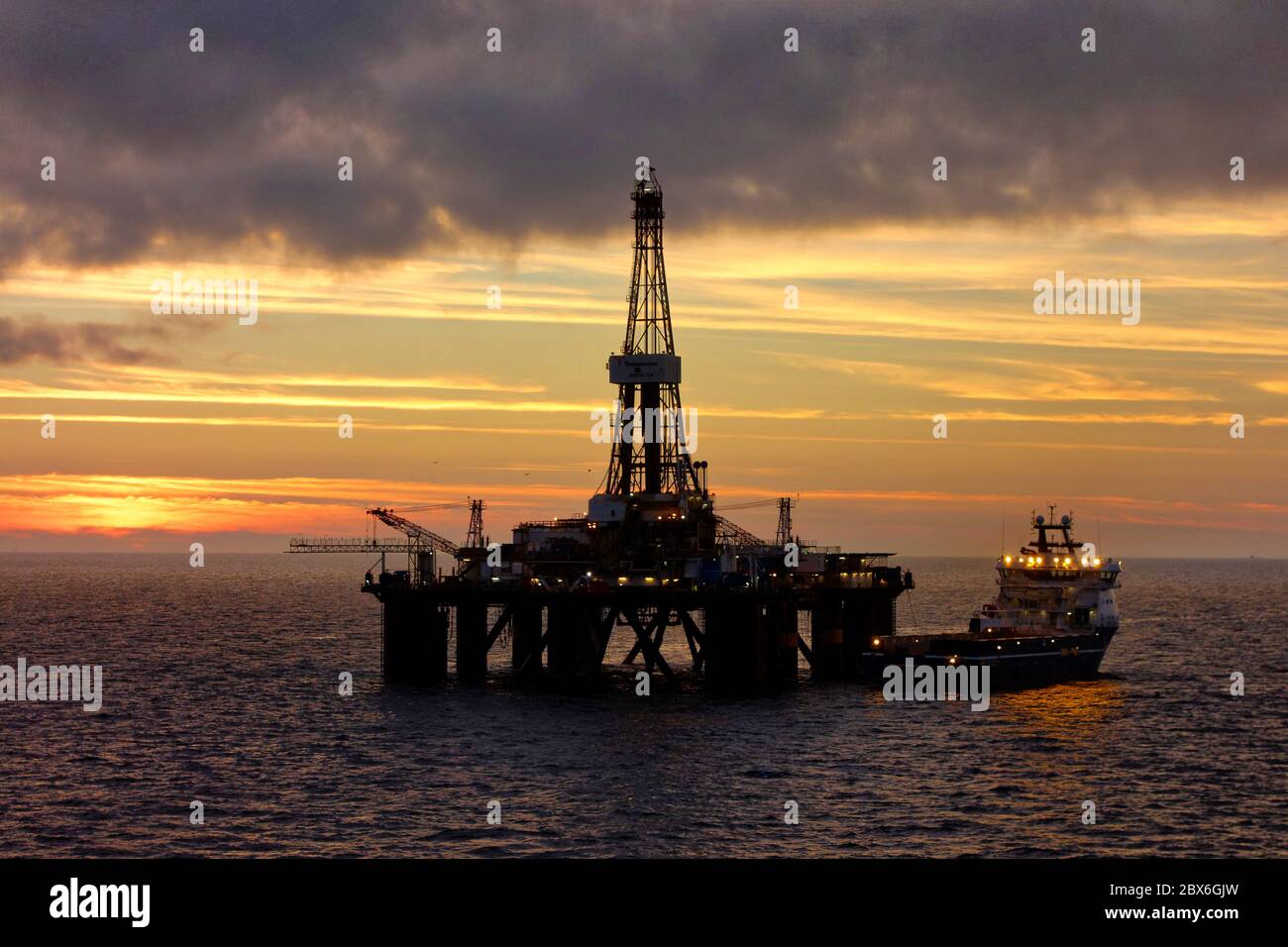 Semi-submersible drilling rig Sedco 704 see at sunset in the UK sector ...